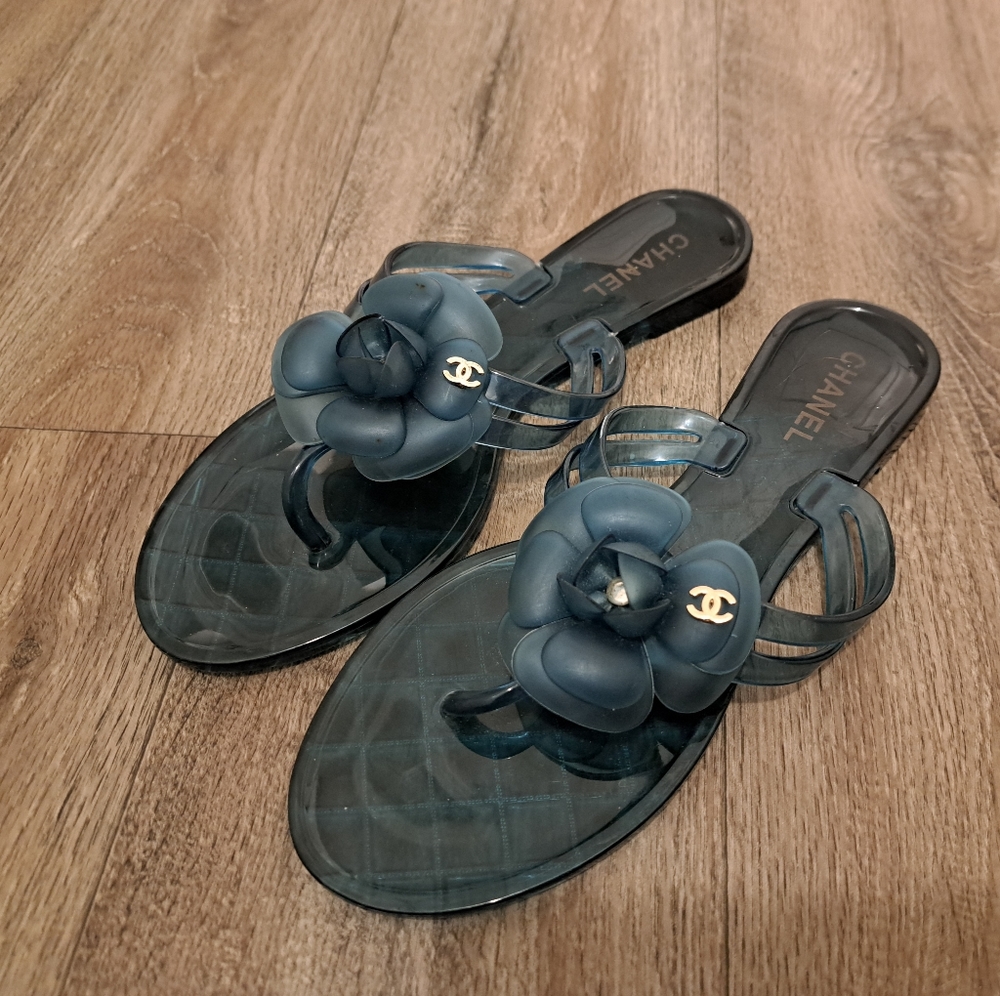 Chanel Interlocking Cc Rubber Thong Slides Blue Sanda… - Gem